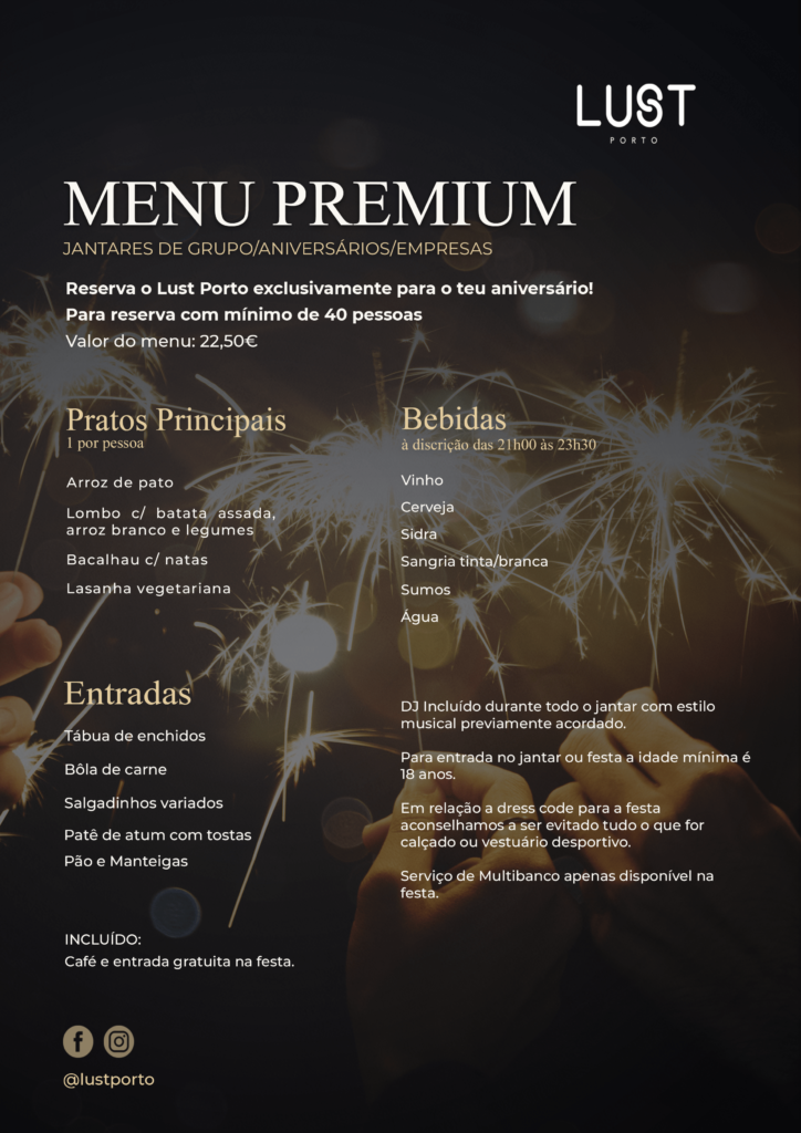 Menu - Jantar de Grupo Premium - Lust Porto